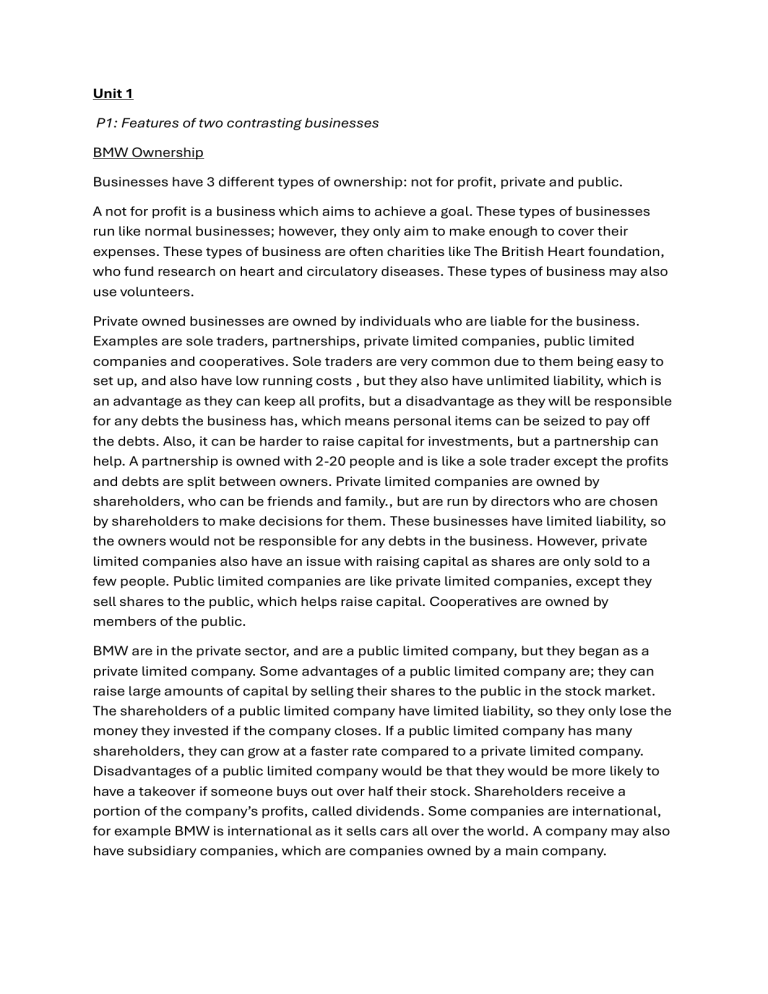 Unit 1: Features of Two Contrasting Businesses - BMW & BHF Ownership