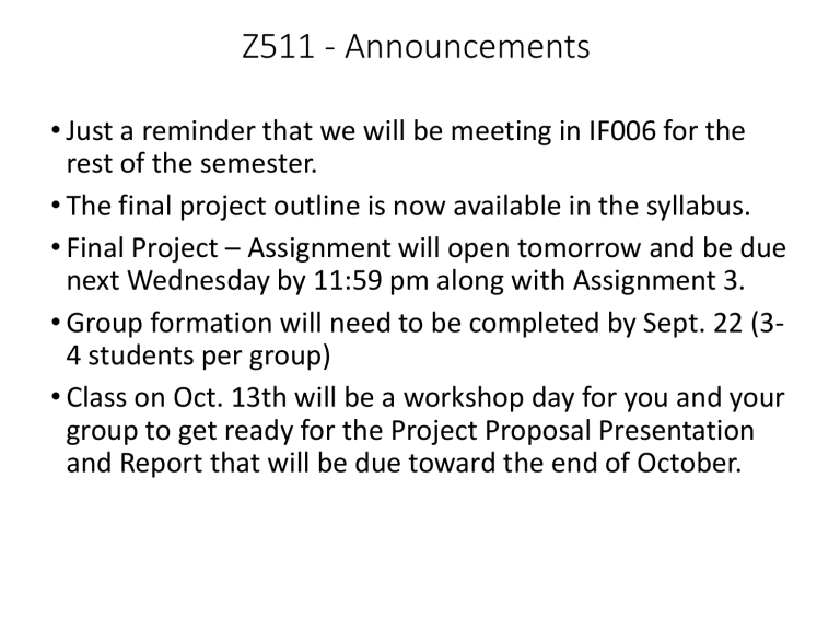 Z511 Course Announcements & Relational Database Notes