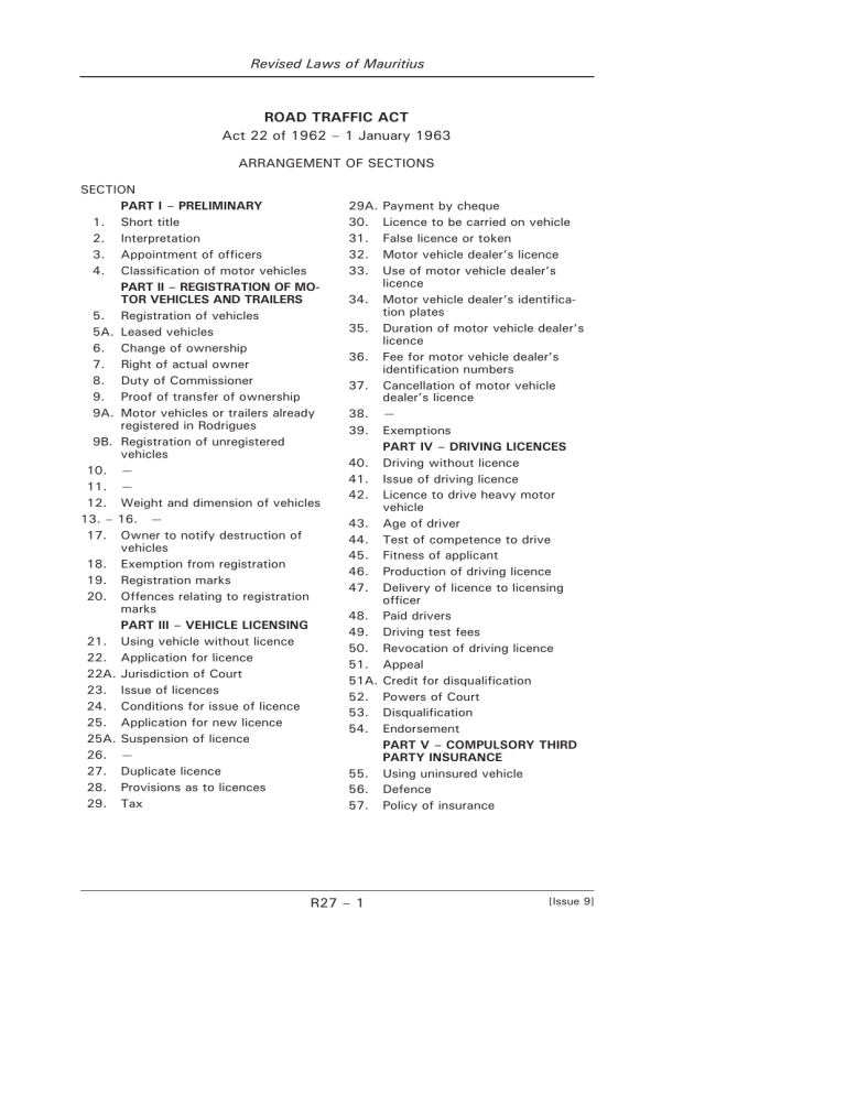 Mauritius Road Traffic Act 1962 - Revised Laws