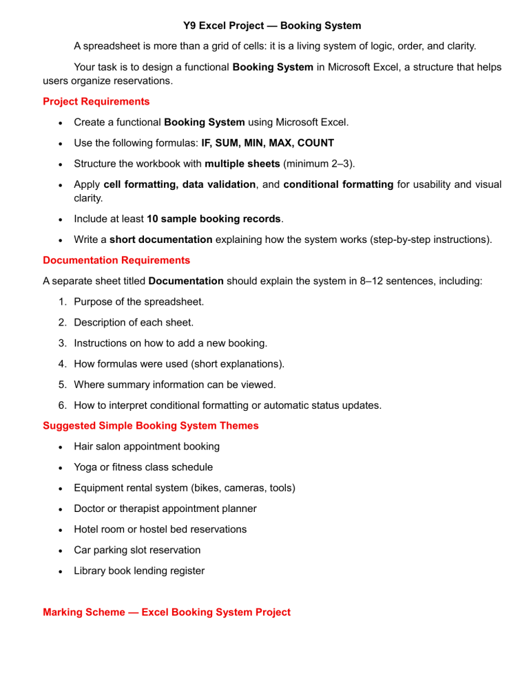 Y9 Excel Booking System Project Guide