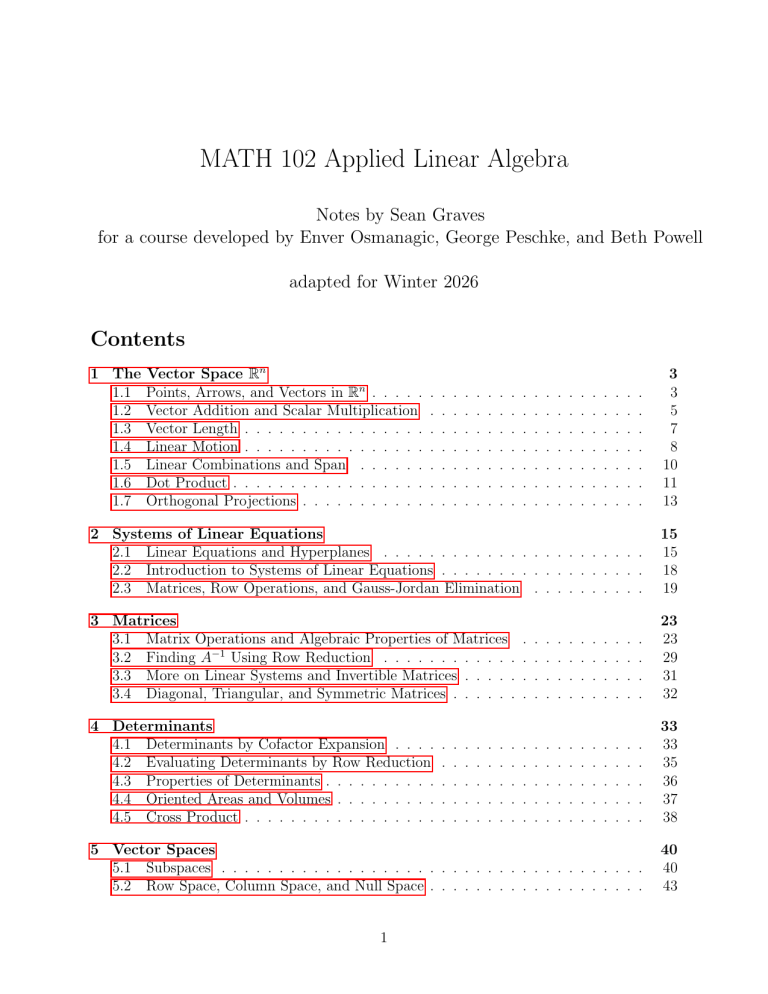 MATH 102 Applied Linear Algebra Course Notes