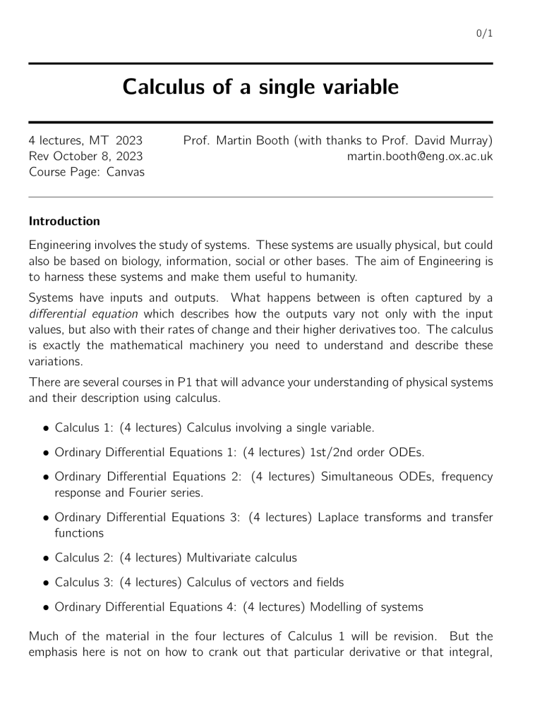 Calculus of a Single Variable: Lecture Notes (MT 2023)