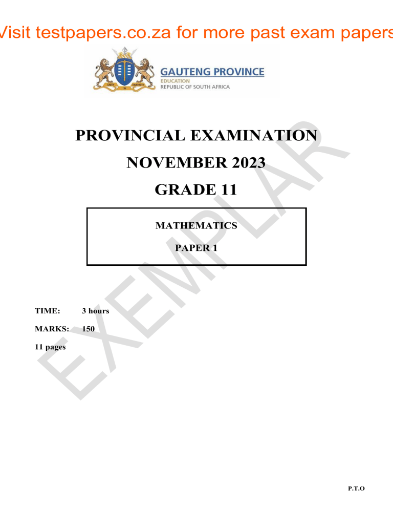 Grade 11 Mathematics Paper 1, November 2023