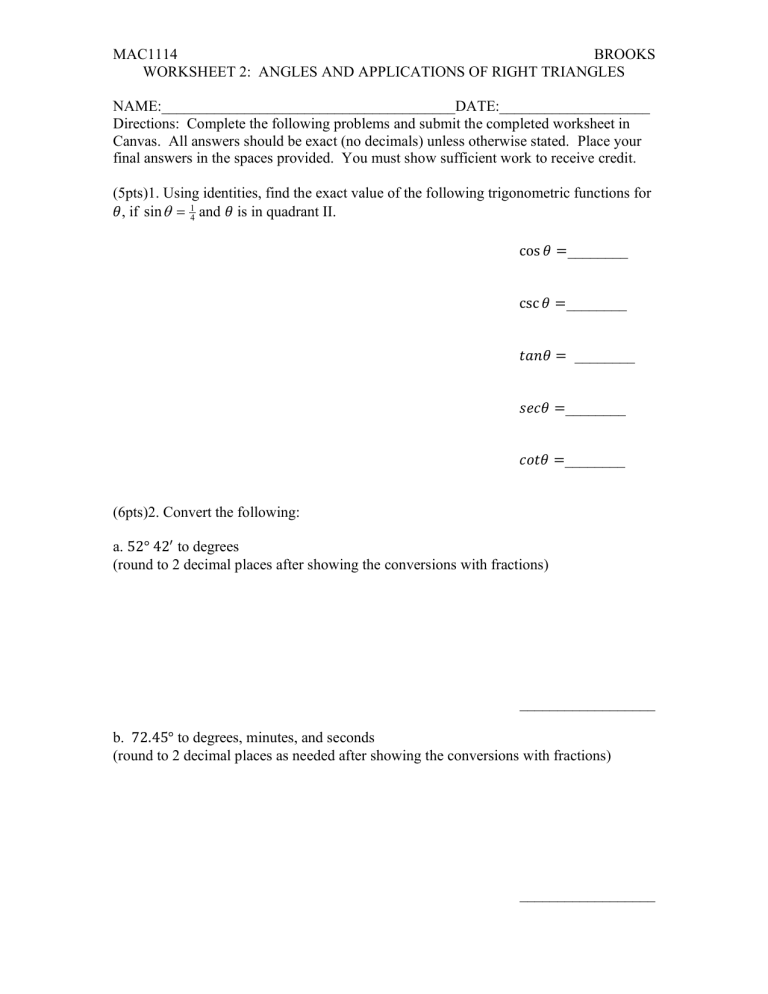 Trigonometry Worksheet: Angles & Right Triangles