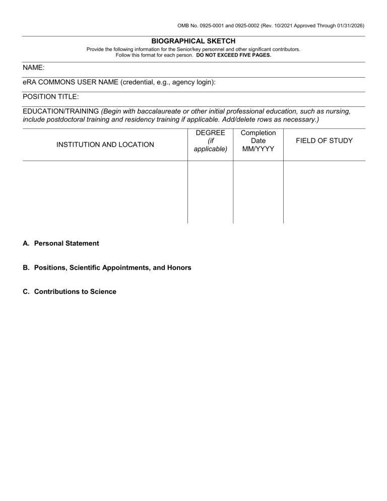 Biographical Sketch Form for Research Personnel