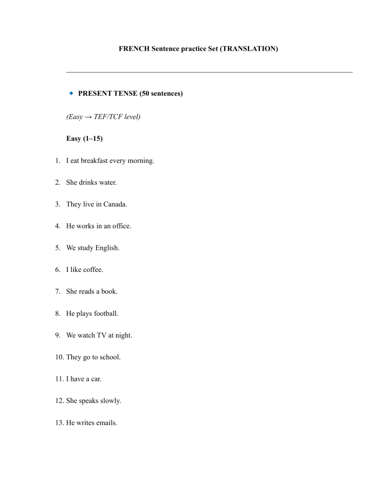 French Sentence Practice Set (Translation) - Tenses