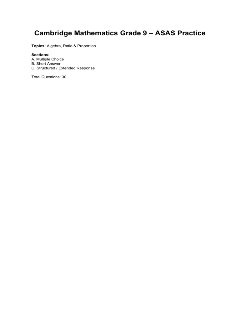 Cambridge Grade 9 Math ASAS Practice: Algebra & Ratio