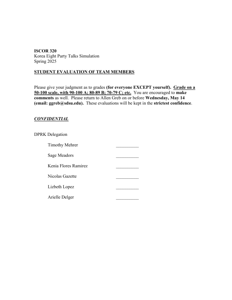 ISCOR 320 Team Evaluation Form - Korea Eight Party Talks Simulation