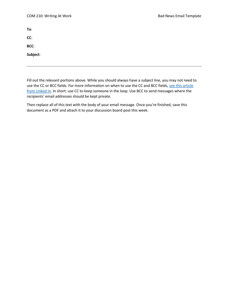 Bad News Email Template for COM 210 Writing At Work