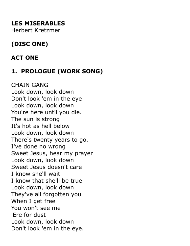 Les Misérables Act One Musical Script Lyrics