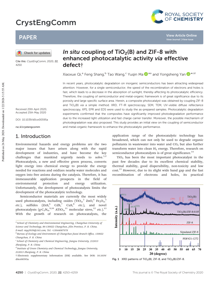 TiO2(B)/ZIF-8 Composite for Enhanced Photocatalysis