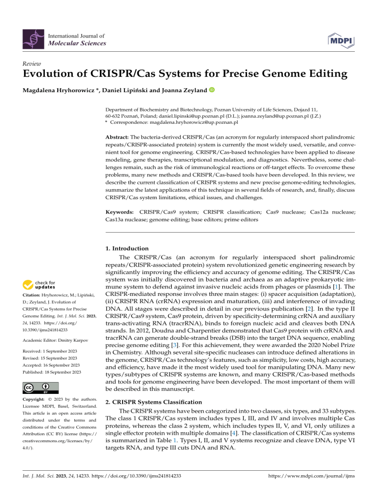 Evolution of CRISPR/Cas Systems for Precise Genome Editing