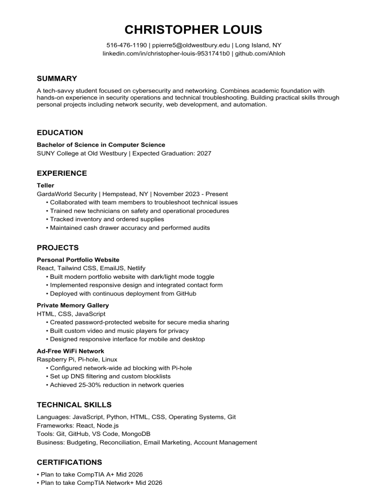 Christopher Louis Resume - Computer Science Student