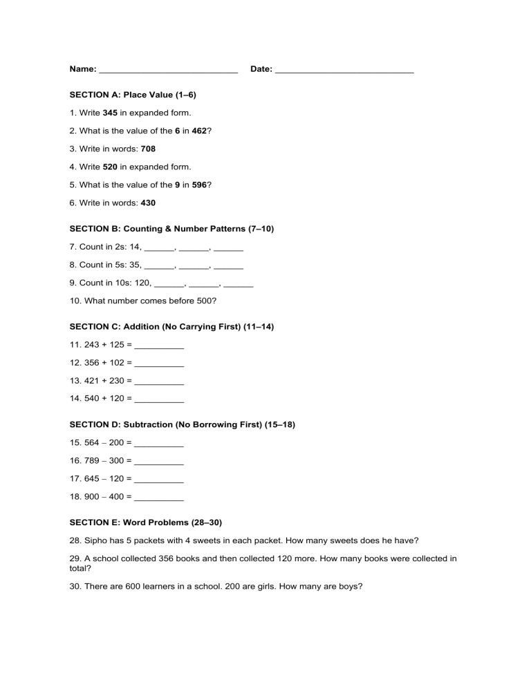 Elementary Math Worksheet: Place Value, Addition, Subtraction