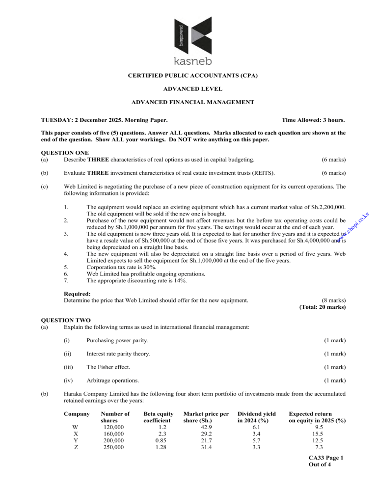 CPA Advanced Financial Management Exam Paper 2025