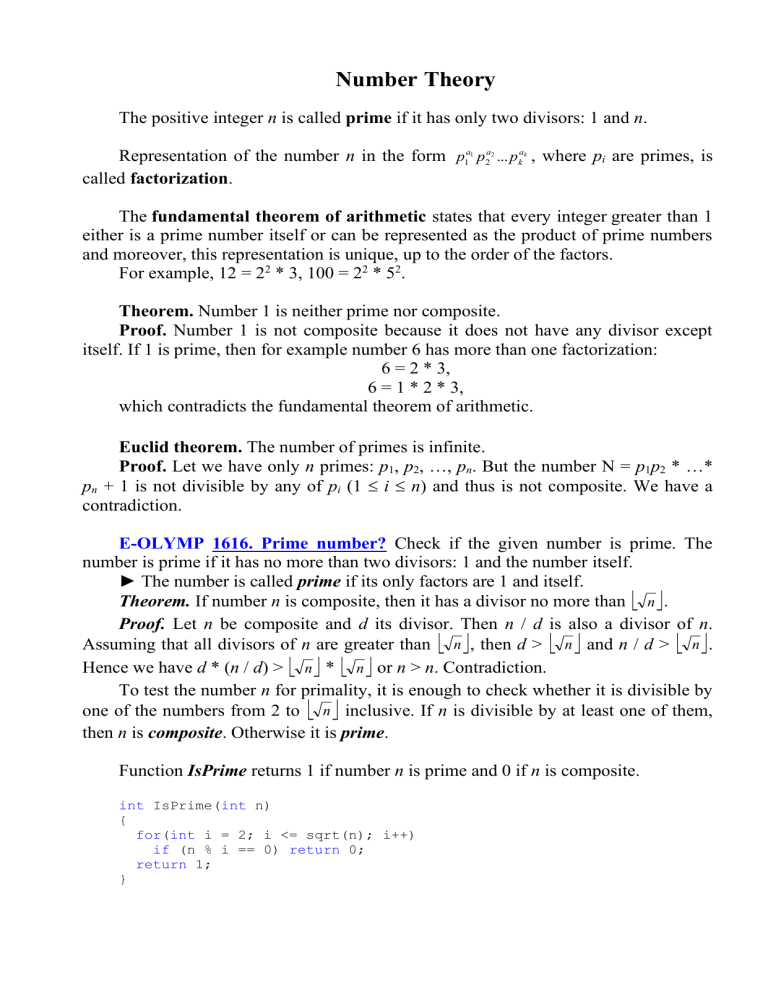 Number Theory: Prime Numbers, Factorization, and Algorithms
