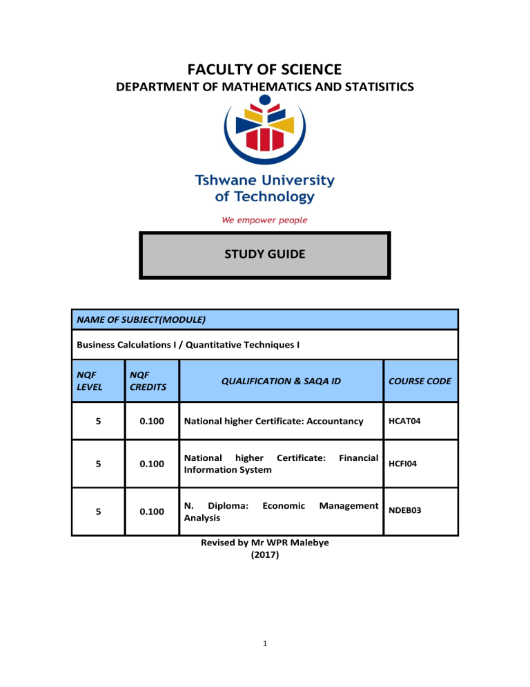 TUT Business Calculations I Study Guide