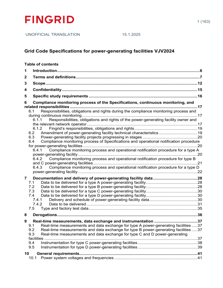 Fingrid Grid Code Specifications VJV2024 for Power Facilities