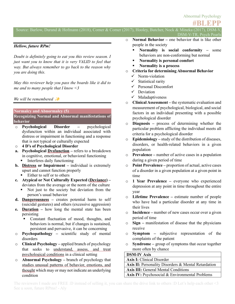 Abnormal Psychology Study Guide: DSM-V & Disorders