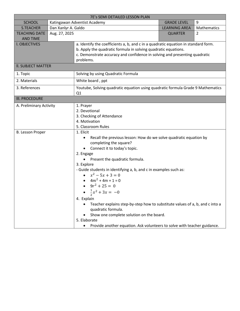 Grade 9 Math Lesson Plan: Quadratic Formula
