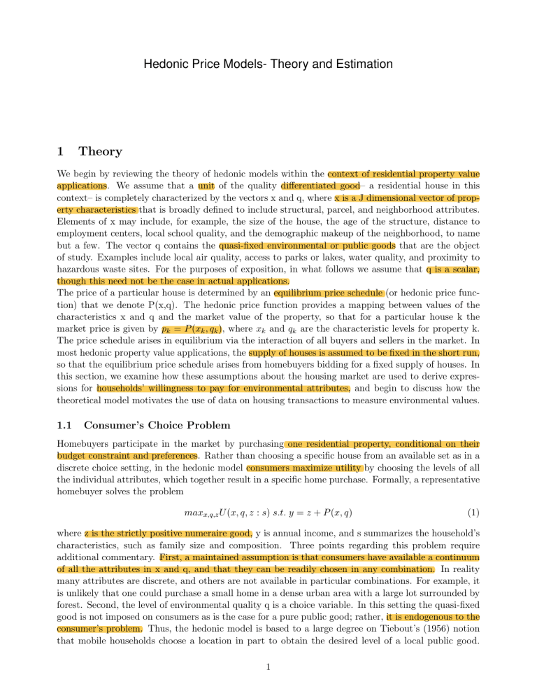 Hedonic Price Models: Theory and Estimation