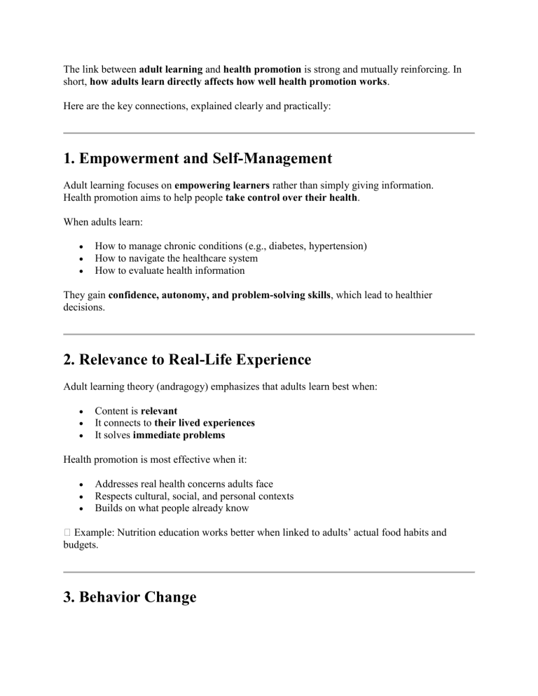 Adult Learning & Health Promotion: Key Connections