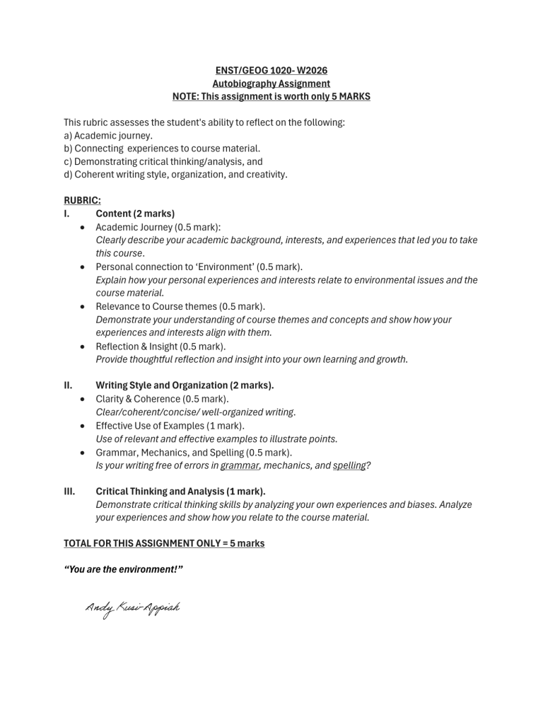 ENST/GEOG 1020 Autobiography Assignment Rubric
