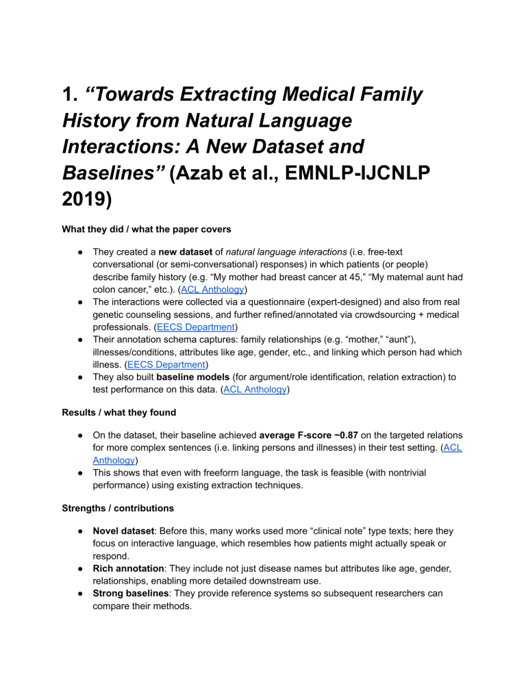 Medical Family History Extraction: New Dataset & Baselines