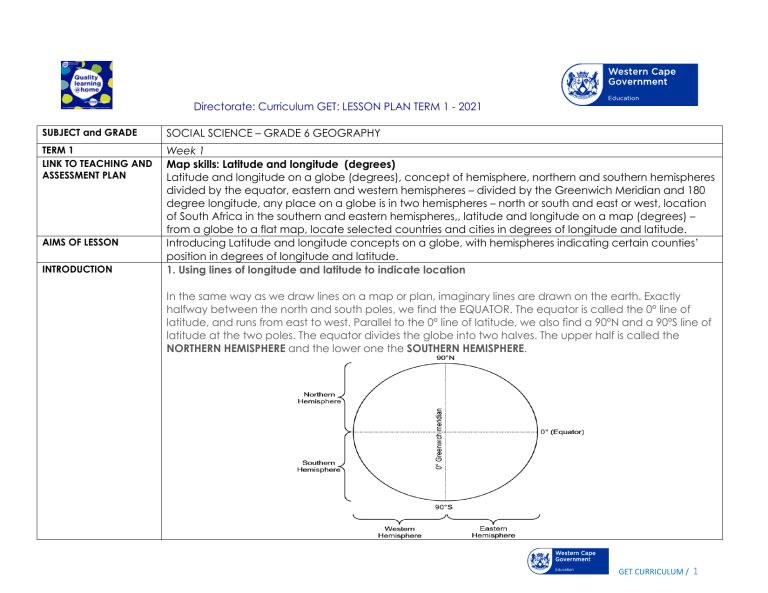 Grade 6 Geography Lesson Plan: Latitude & Longitude (Term 1)