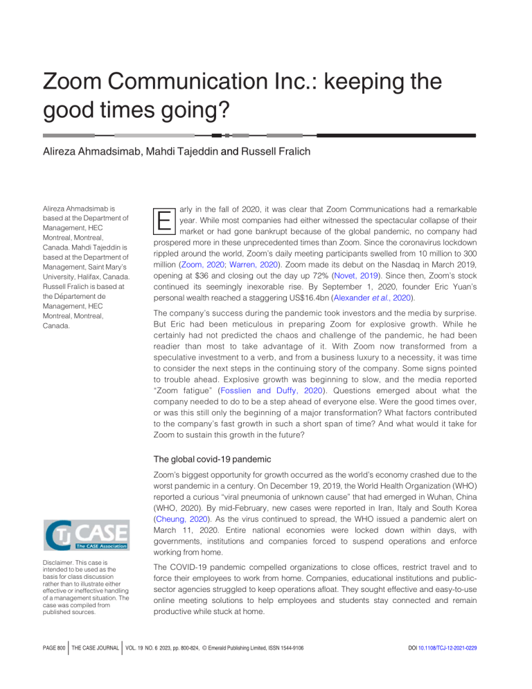 Zoom Communication Inc.: Case Study on Pandemic Growth