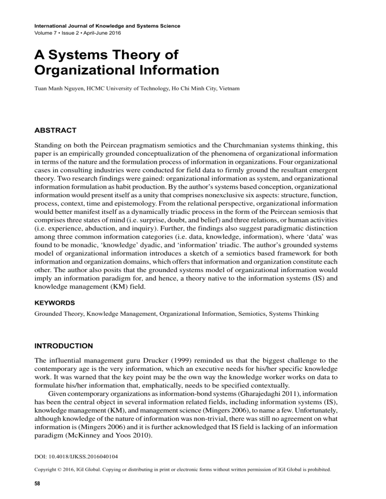 A Systems Theory of Organizational Information | IJKSS 2016