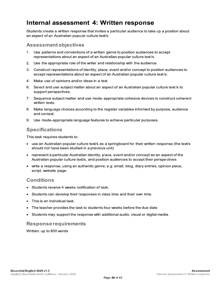 Internal Assessment 4: Written Response - Essential English 2025