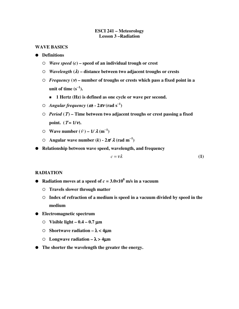 ESCI 241 Meteorology Lesson 3: Radiation Basics
