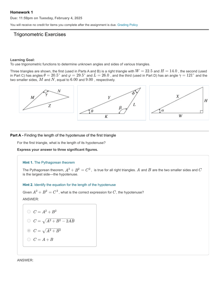 Trigonometric Exercises Homework: Triangles & Vectors