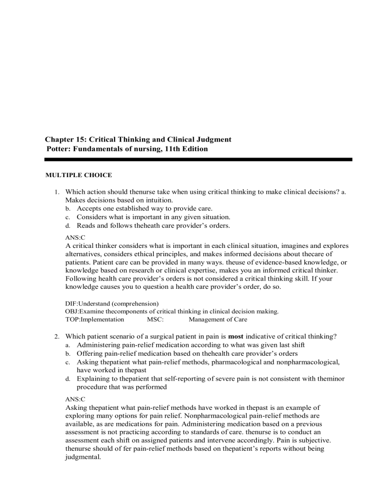 Nursing Critical Thinking Clinical Judgment Questions