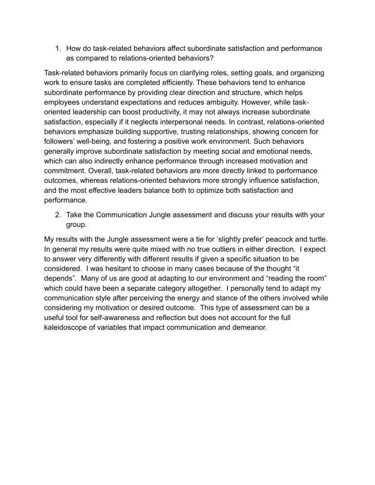 Task-Oriented vs Relations-Oriented Leadership & Communication Assessment