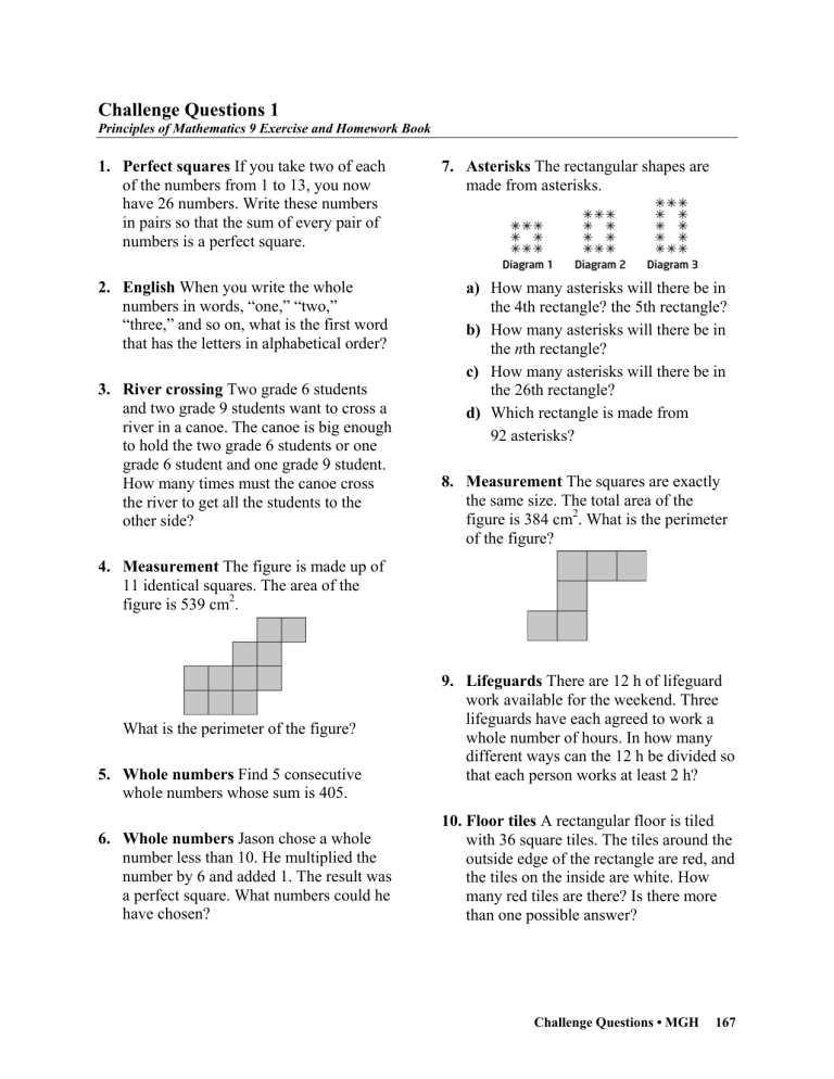 Challenge Questions 1: Principles of Mathematics 9 Workbook