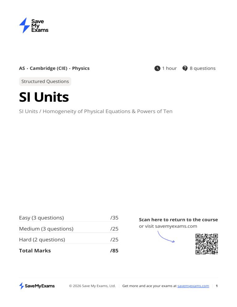 AS Cambridge Physics SI Units Exam Paper
