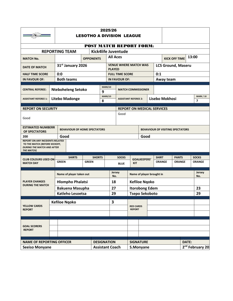 Lesotho A Division League Post Match Report