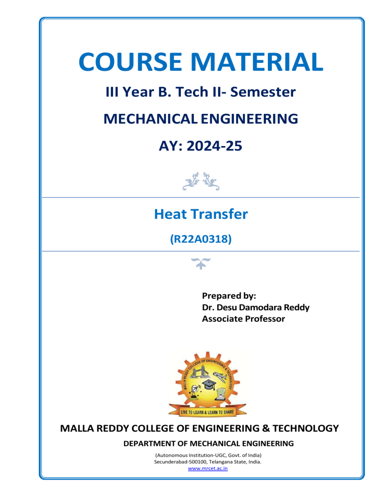Heat Transfer Course Material - B.Tech Mechanical Engineering