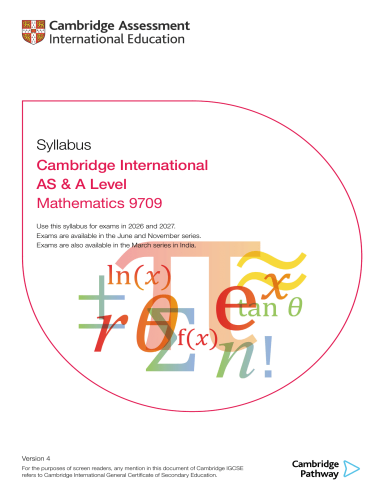 Cambridge AS & A Level Mathematics 9709 Syllabus 2026-2027