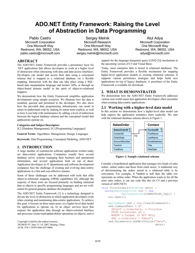 ADO.NET Entity Framework: Raising Abstraction in Data Programming
