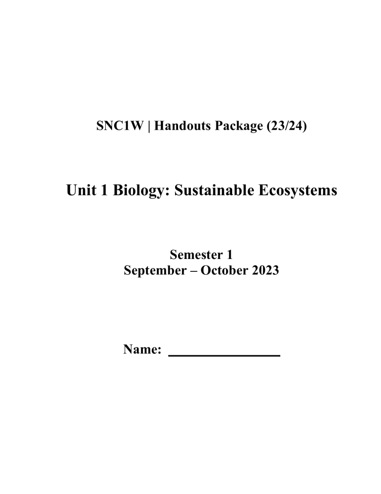 SNC1W Grade 9 Biology Handouts: Sustainable Ecosystems