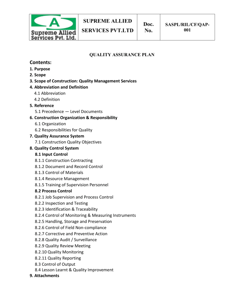 Quality Assurance Plan for Construction Project