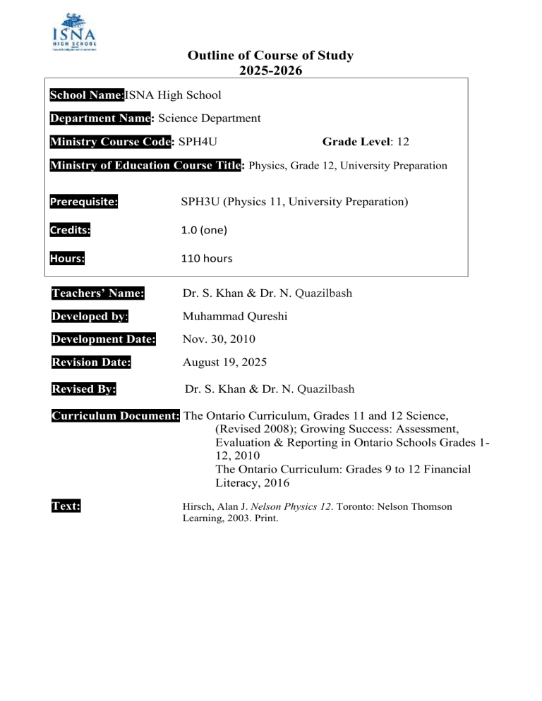 ISNA High School Grade 12 Physics Course Outline 2025-2026
