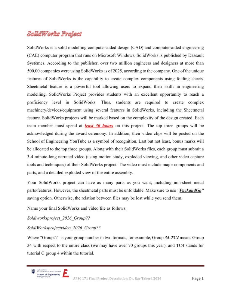 SolidWorks Project Description for APSC 171