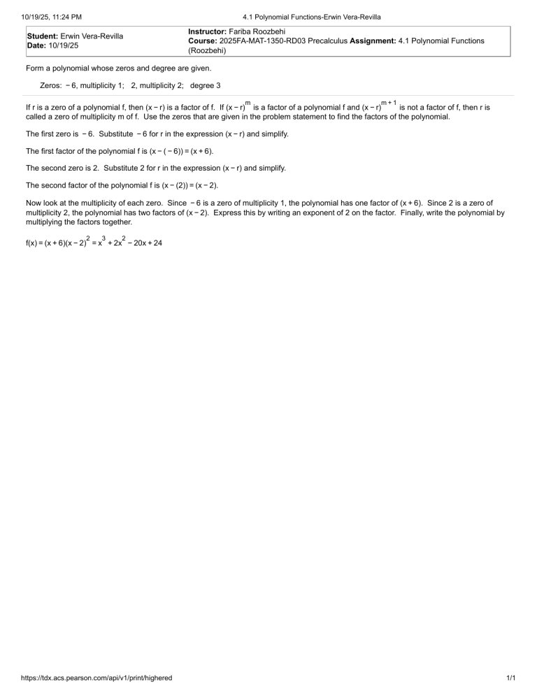 Forming a Polynomial from Zeros: Precalculus Assignment