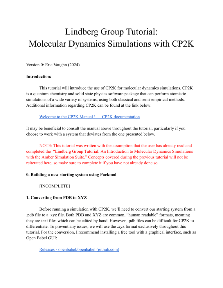 Molecular Dynamics Simulations with CP2K Tutorial