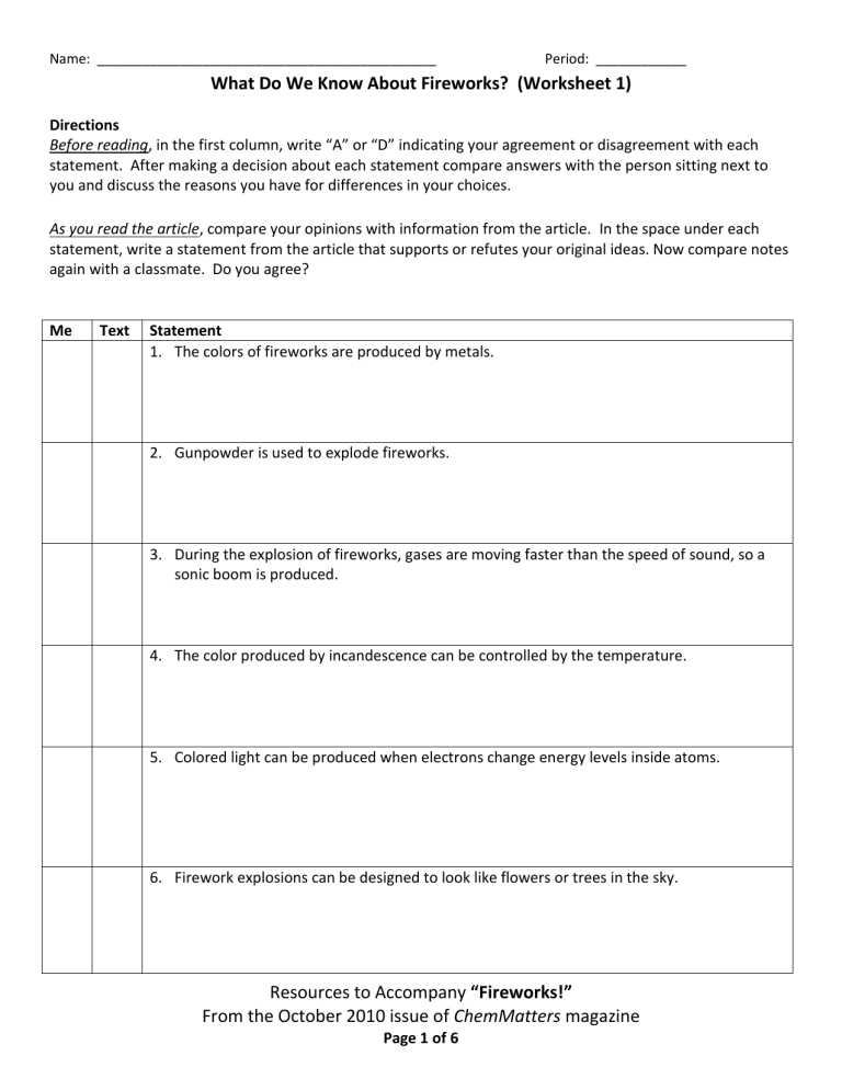 Fireworks Chemistry Worksheet: Pre-Reading Activity