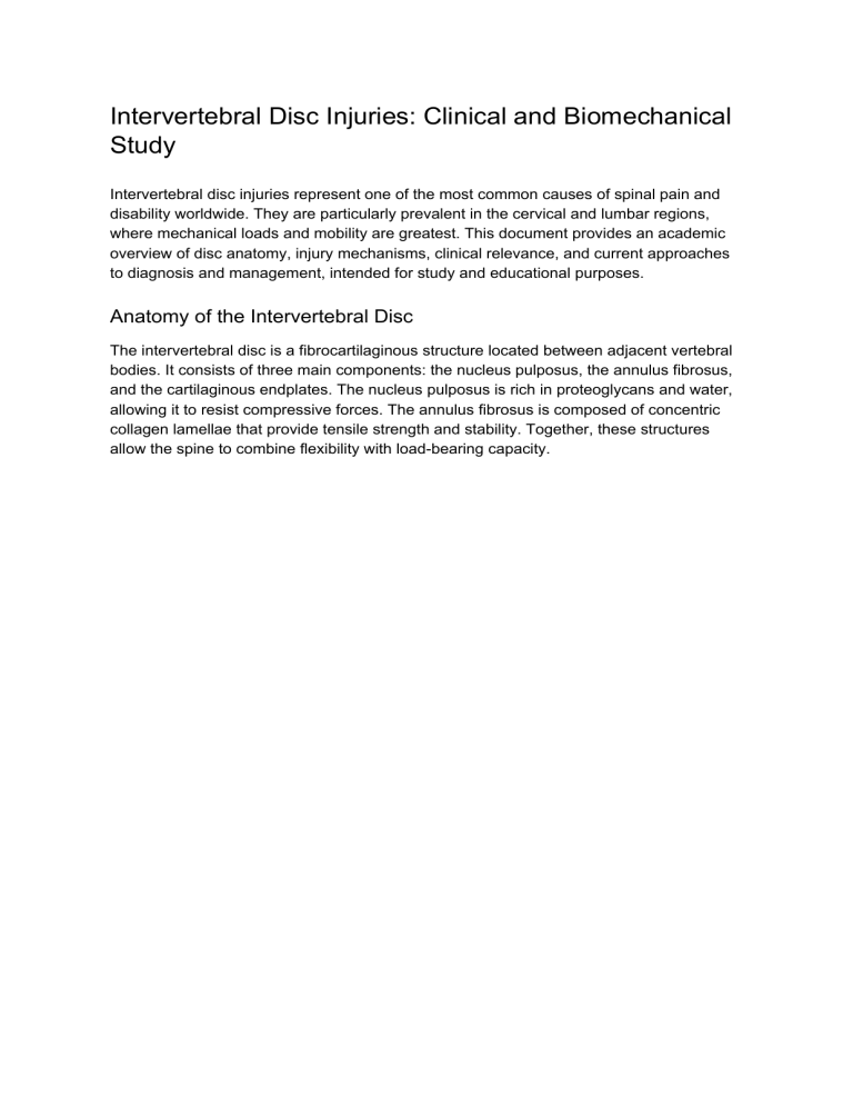 Intervertebral Disc Injuries: Clinical & Biomechanical Study